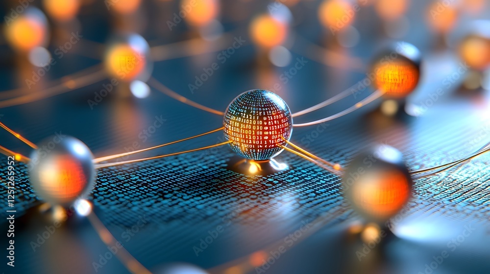 Visualized abstract neural network structure with merging binary code and technological concept ...