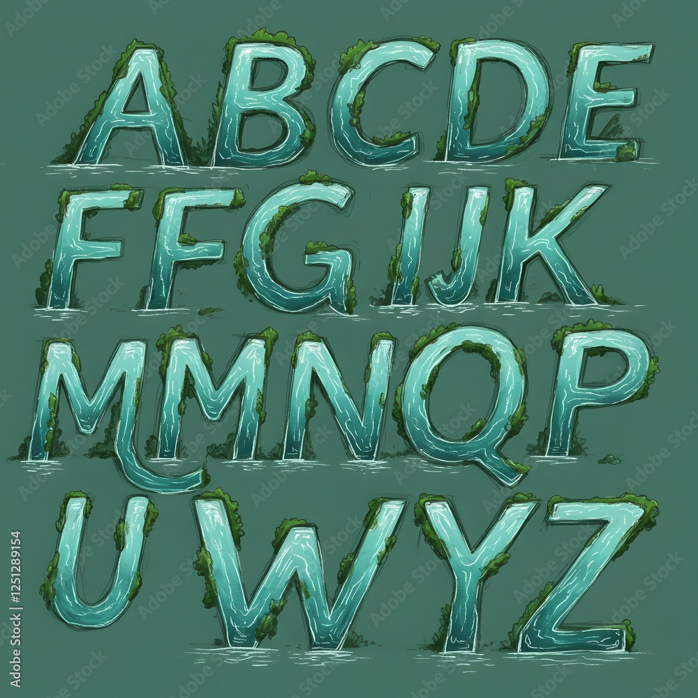 Complete Aquatic-Themed Alphabet with Oceanic Water Effects and Natural ...