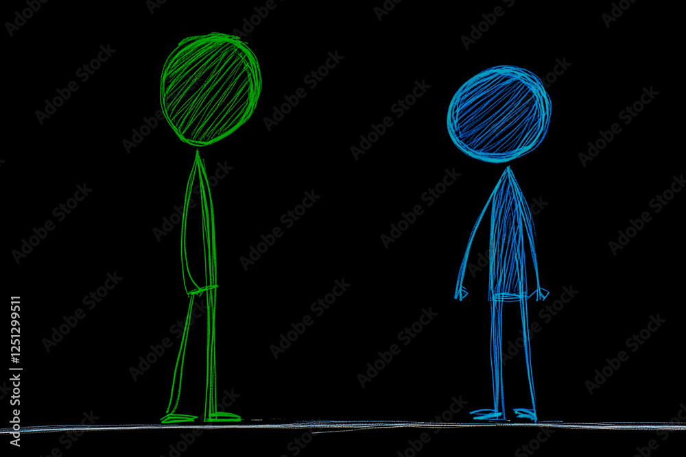 Simple clip art of two stick figures, one in green and the other blue ...