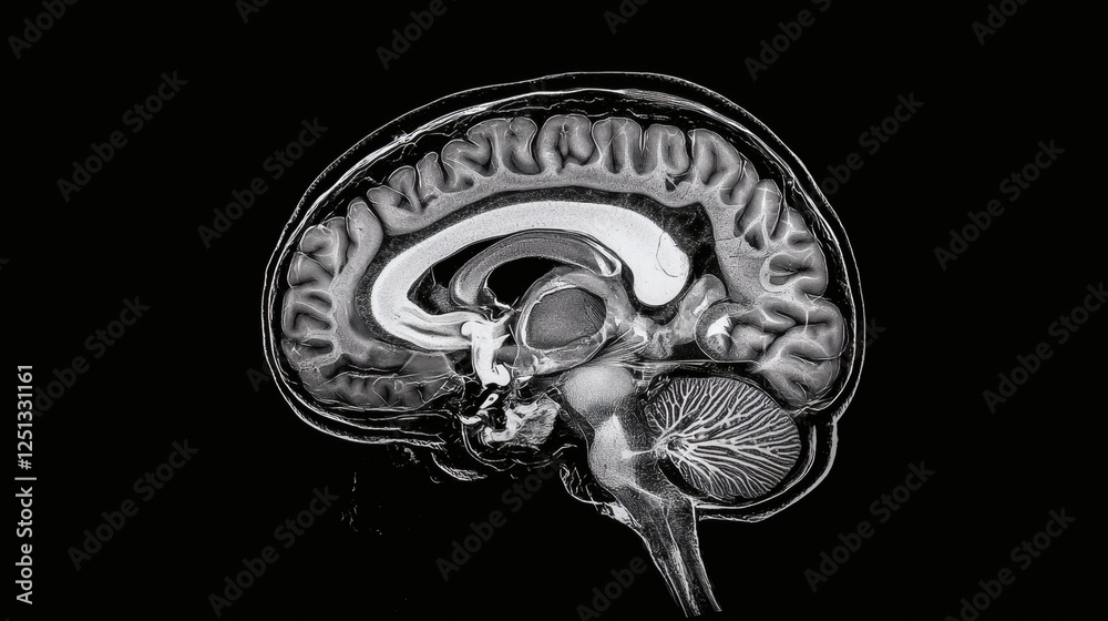 Mri scan showing detailed cross-section of human brain with labeled ...