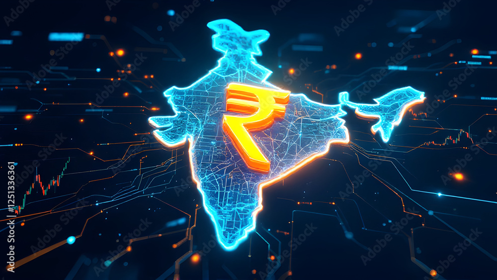 Gold indian Rupees rupees symbol on digital glowing map of India ...