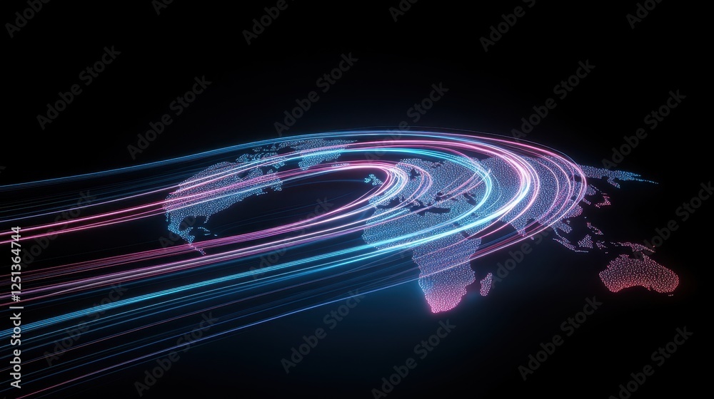 World map with light trails and data streaming between continents in ...
