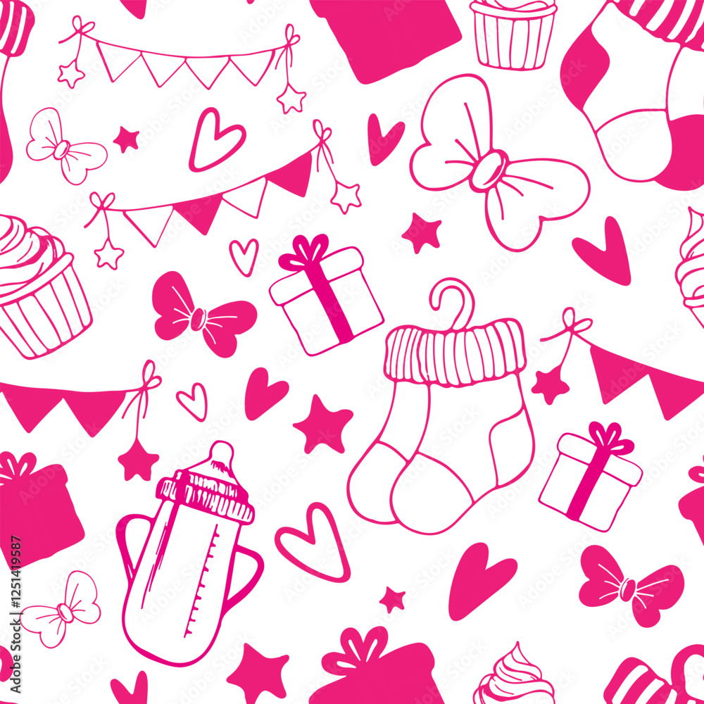 Bright baby girl seamless pattern with cute newborn elements.Vector ...