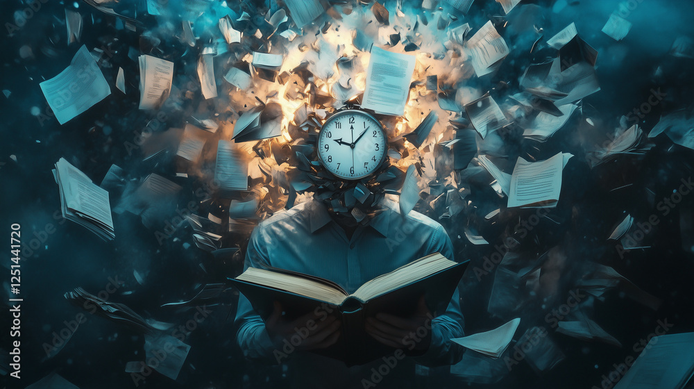 Surreal figure with exploding books and clock in a mystical library ...
