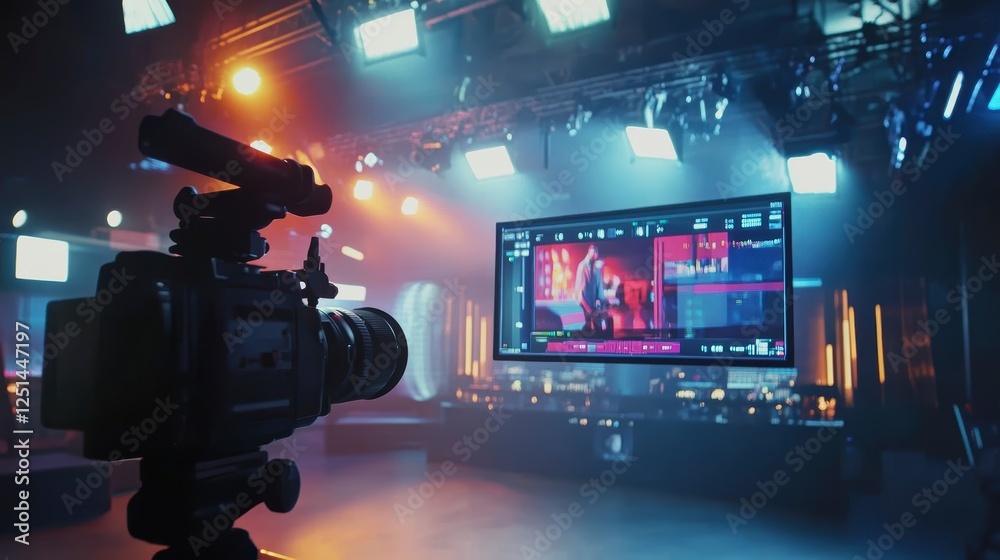 Film and television studio with cameras and equipment on stage under a ...
