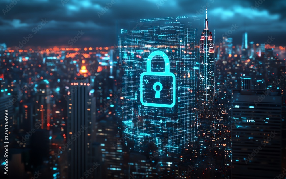 Cybersecurity HUD hologram and lock circuit floating over New York City ...