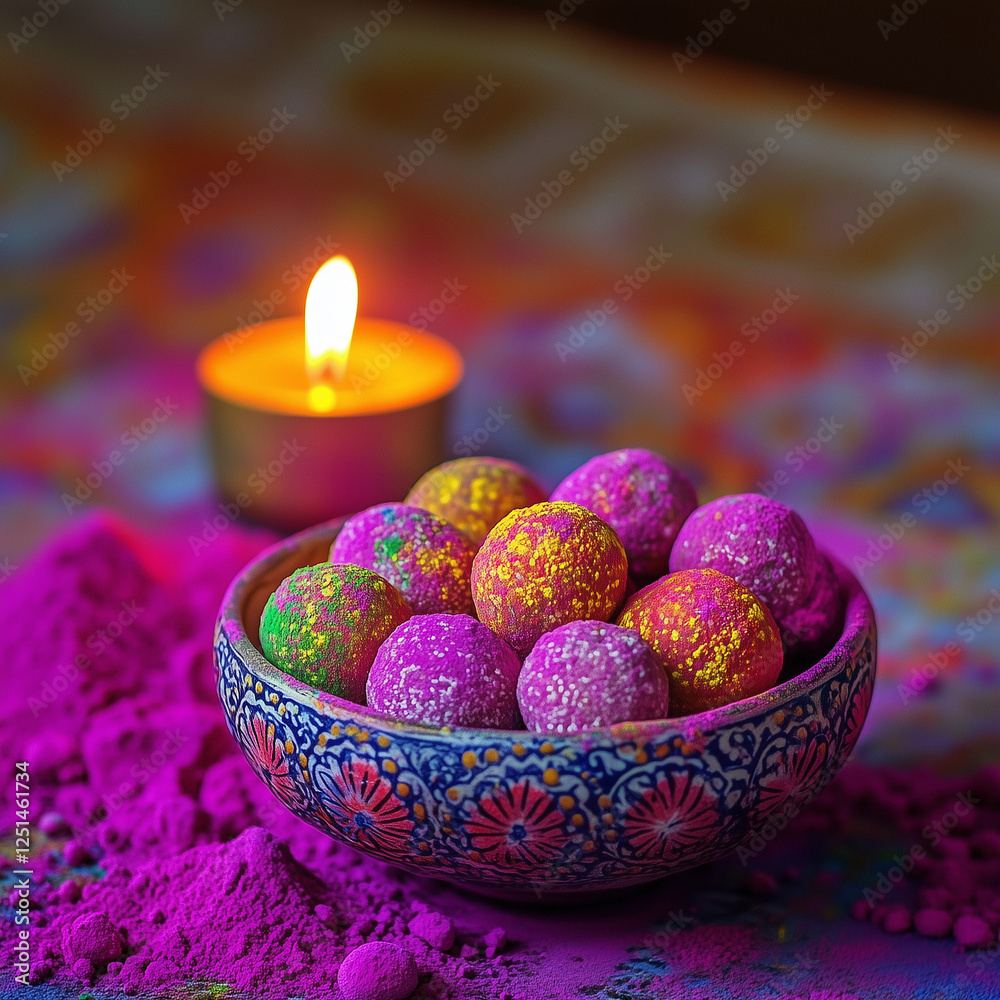 raditional Holi sweets in a decorative bowl, with bright Holi powders ...