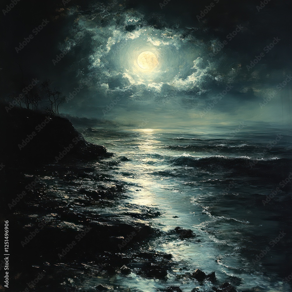 Moonlight coastal scene, waves crashing on rocks, trees on cliff ...
