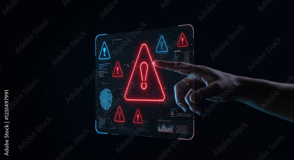 Cyberpunk dashboard, holographic warning symbols, neon red and blue glow, futuristic interface ...