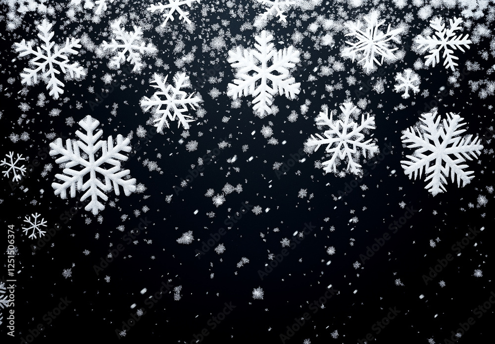 Snow falling through the air against a pure black background, with ...