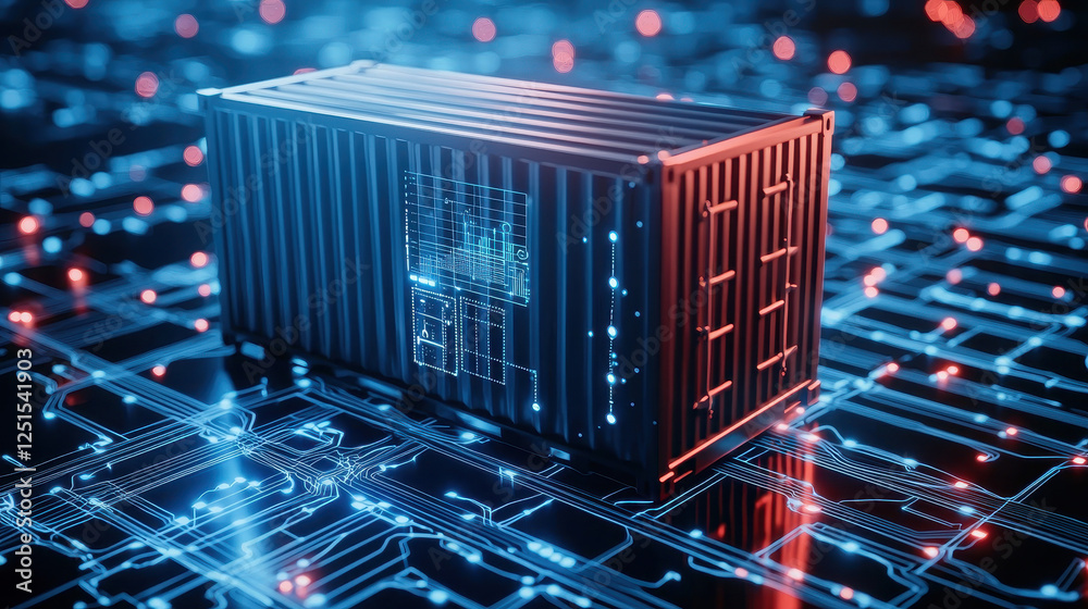 smart shipping container with IoT sensors on digital circuit background, showcasing real time ...