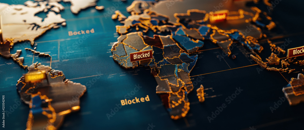 world map with trade routes blocked, highlighting global trade issues ...