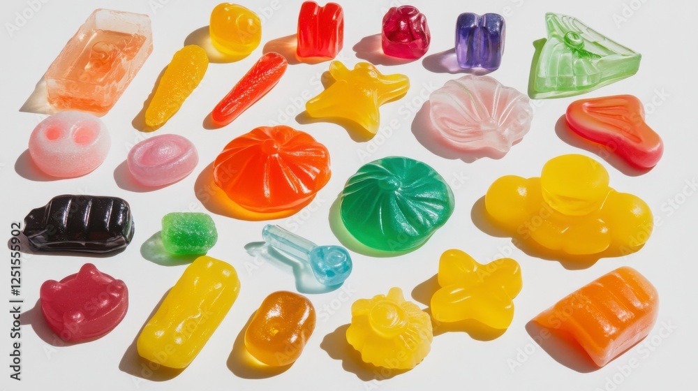 A variety of candy shapes including lollipops, gummies, and hard ...