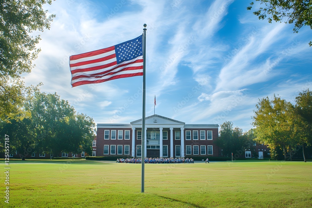 American Flag Waving in Front of Classic School Building Stock Photo ...