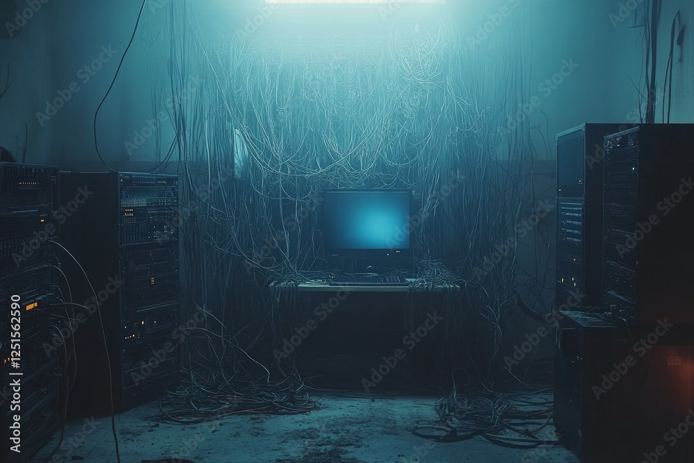 Mysterious abandoned server room with tangled cables and wires ...