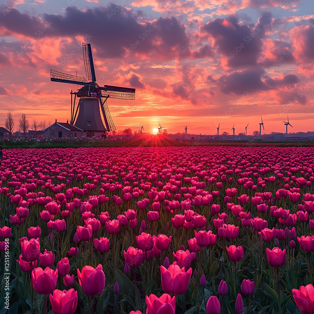 Tulip fields sunset windmill landscape composition high resolution hd ...