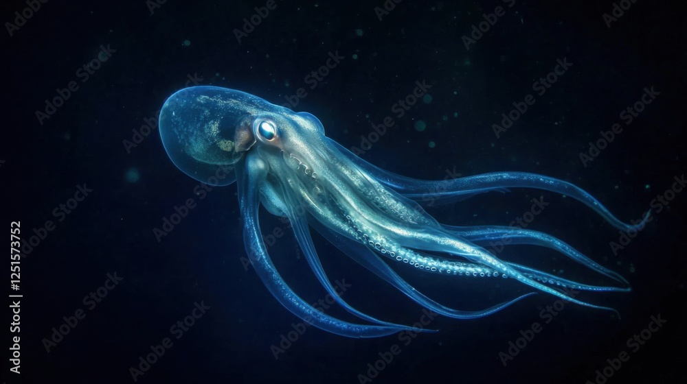 A haunting deep-sea scene where a massive giant squid drifts through ...
