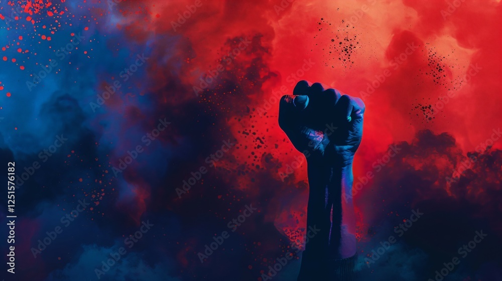 Silhouette of a raised fist, with background of red and blue,a powerful ...