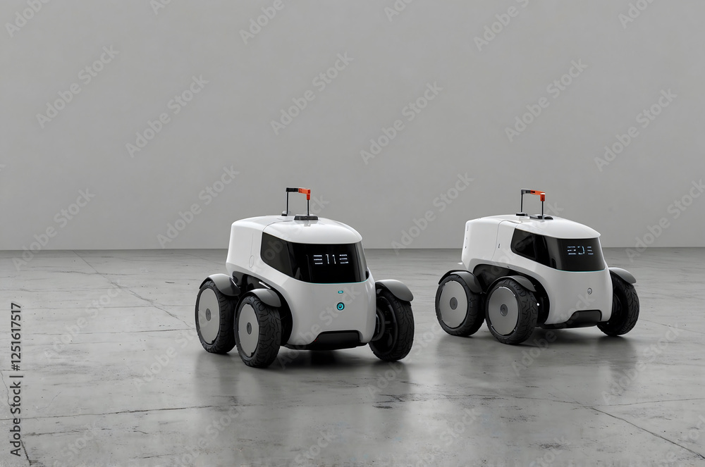Three autonomous delivery robots shown from different angles on a white ...