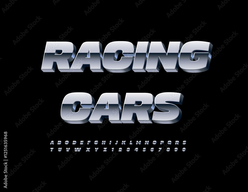 Vector Steel badge Racing Cars. 3D Metallic Font. Cool Silver Alphabet ...