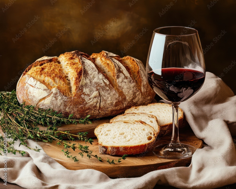 Holy Communion is depicted through a rustic loaf of bread and a chalice ...