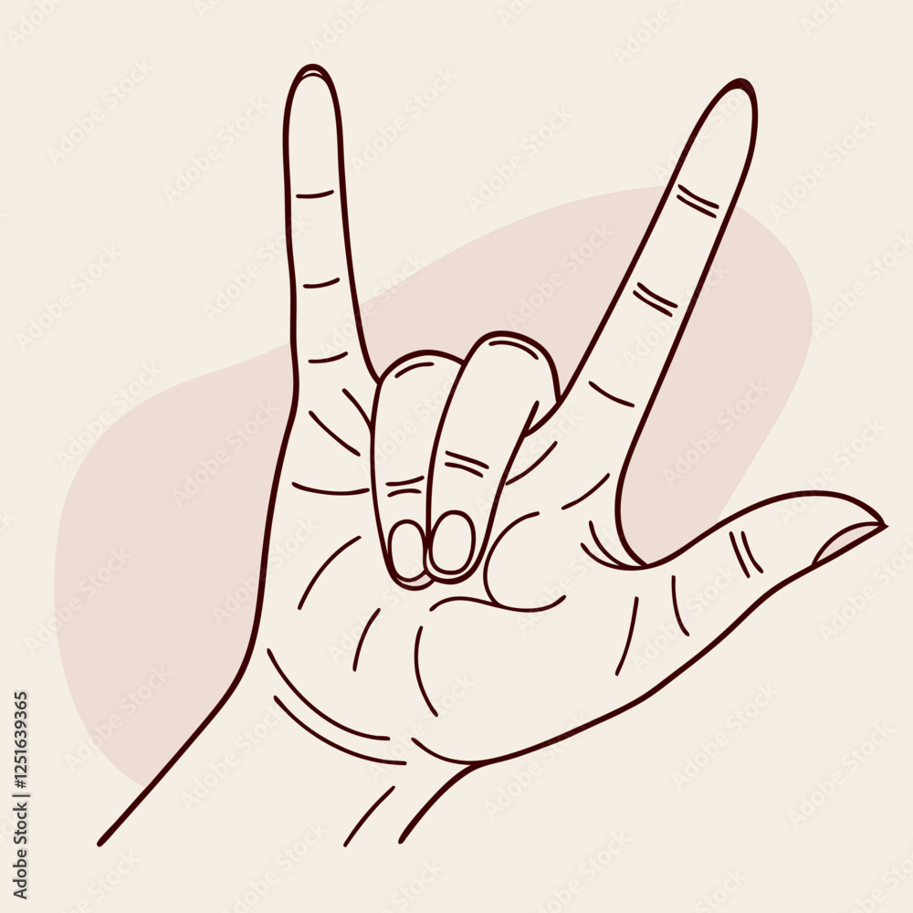 Hand forms ASL 'I love you' sign against soft pink background. Maroon ...