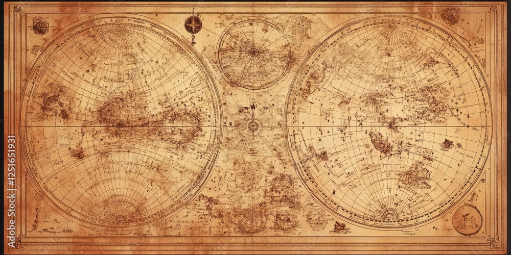 Antique world map depicting hemispheres and polar projection Stock ...