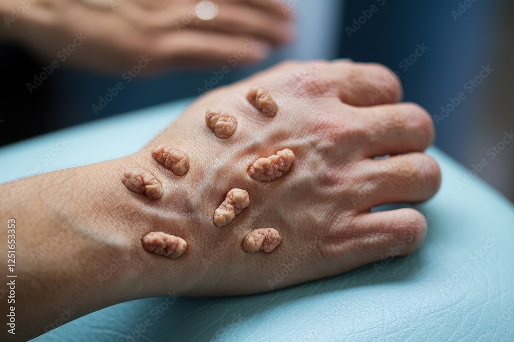 Close-up view of a hand with multiple skin lesions, possibly warts or ...
