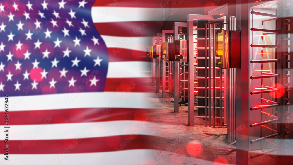 US flag near vertical turnstiles. Entrance to stadium with cameras for ...