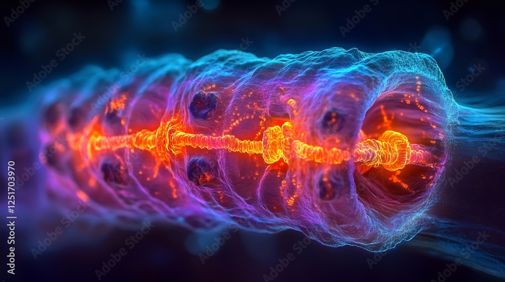 Glowing sarcomere inside a muscle fiber showing actin and myosin ...