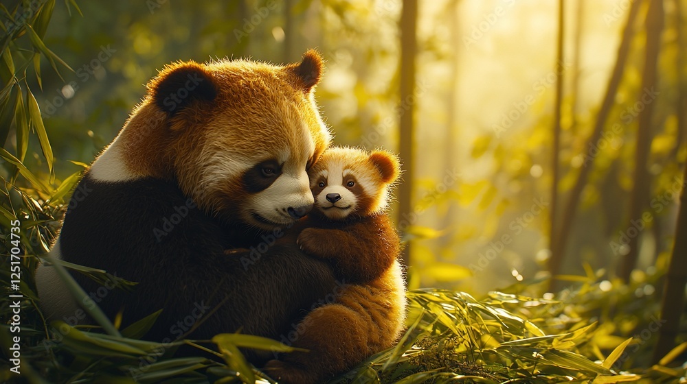 Red panda mother hugging cub, bamboo forest, sunrise, wildlife ...