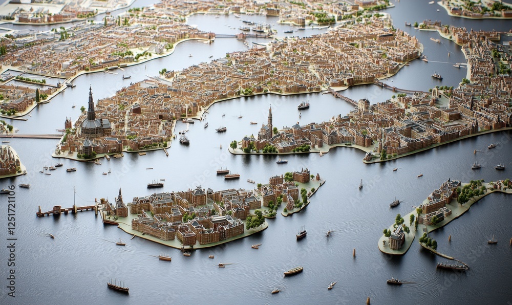 Detailed model of 17th-century city, waterways, ships; historical ...