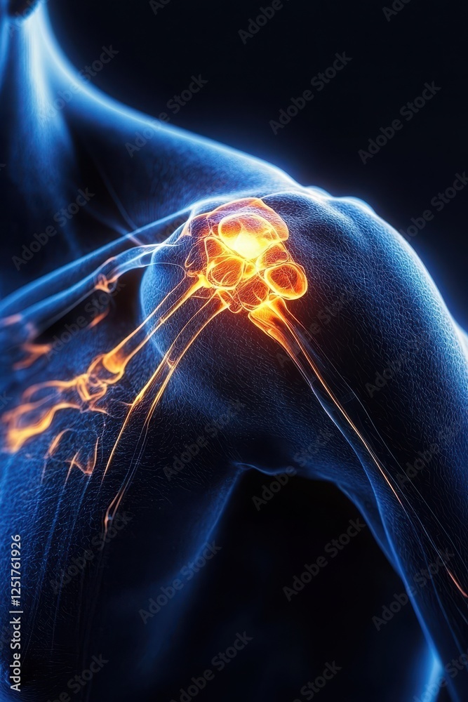Rotator cuff injury shoulder pain illustration in dark environment ...