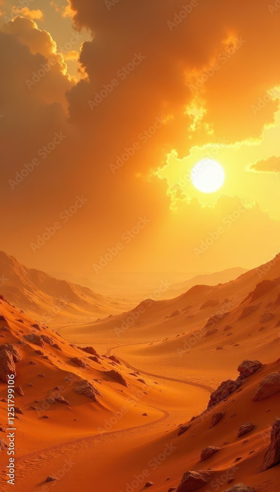 Sun-baked field with sandstorm raging over it, orange, desert landscape ...