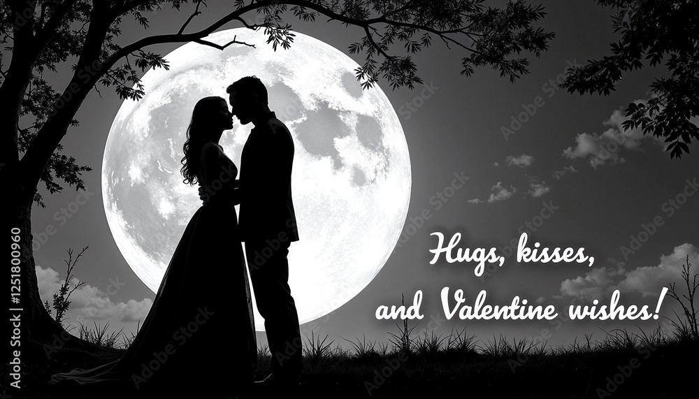 Silhouette of a couple embracing under a full moon with the message ...