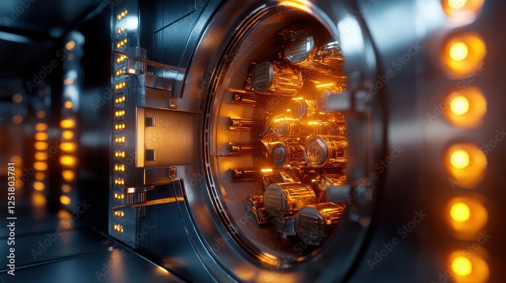 Bank vault door opening to reveal glowing assets secure facility 3d ...