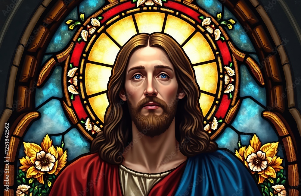 Stained glass window illustration presents Jesus Christ with beard ...