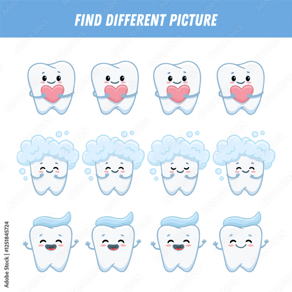 Find different tooth in each row. Logical game for kids. Cartoon teeth ...