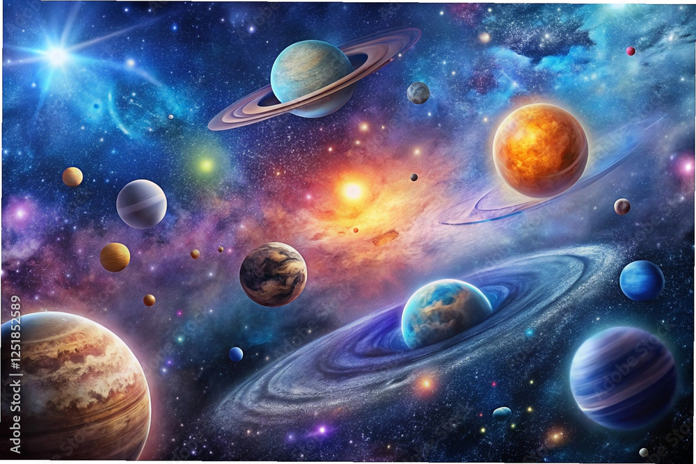 Solar System planets cosmic nebula space educational poster Stock Photo ...
