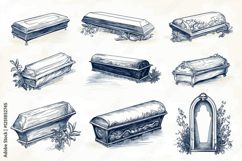 Antique wooden coffins illustrated in a hand-drawn vintage style ...