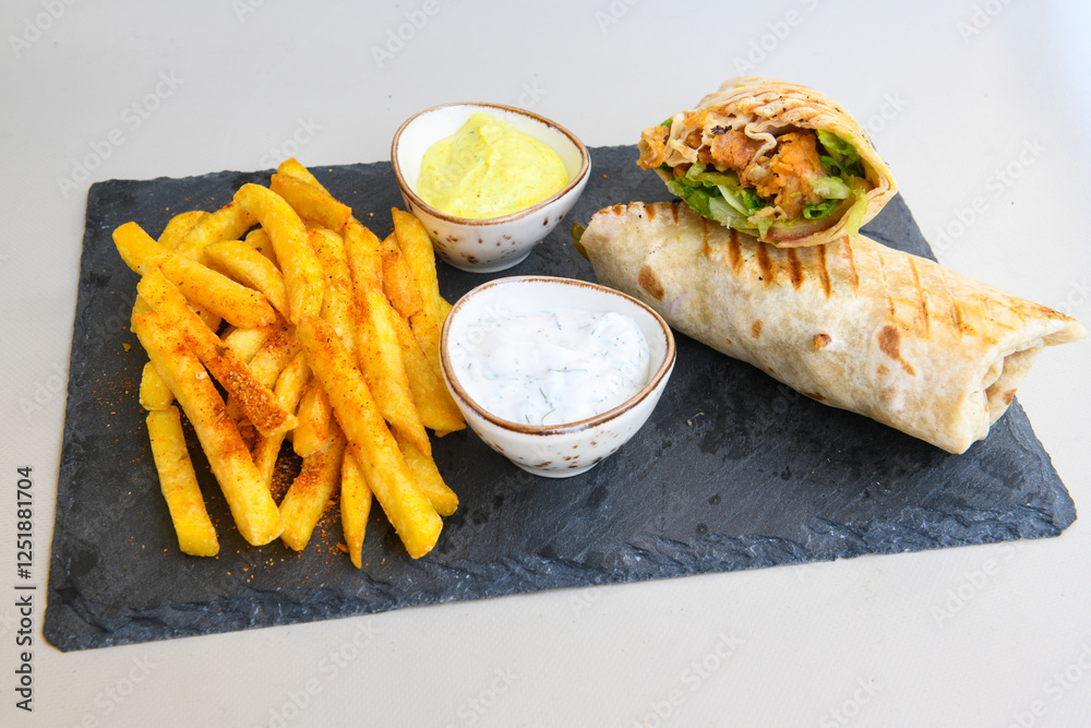 Lavash doner kebab ( soslu kasarli zurna doner durum ) or shawarma ...