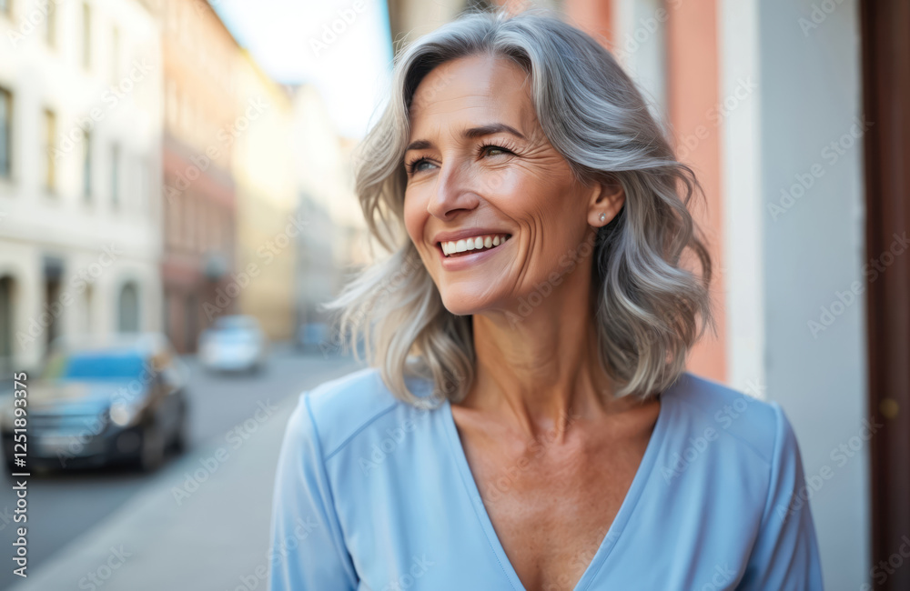 Happy middle-aged woman with silver hair smiles outdoors. Cheerful ...
