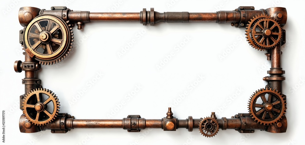 Steampunk cogwheel mechanism frame on white background. Rustic border ...