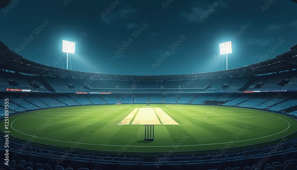 AI illustration of empty cricket stadium at night. Green field with ...