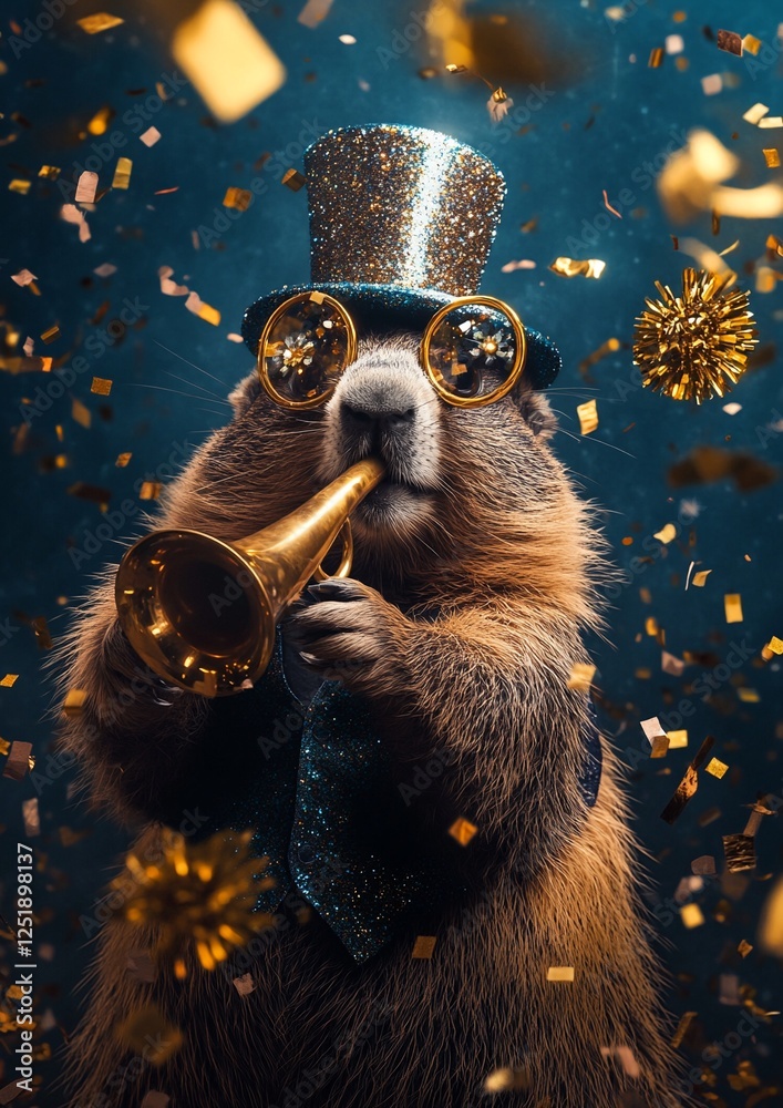 Funny Groundhog in New Year's Eve Party Outfit with 2025 Glasses ...