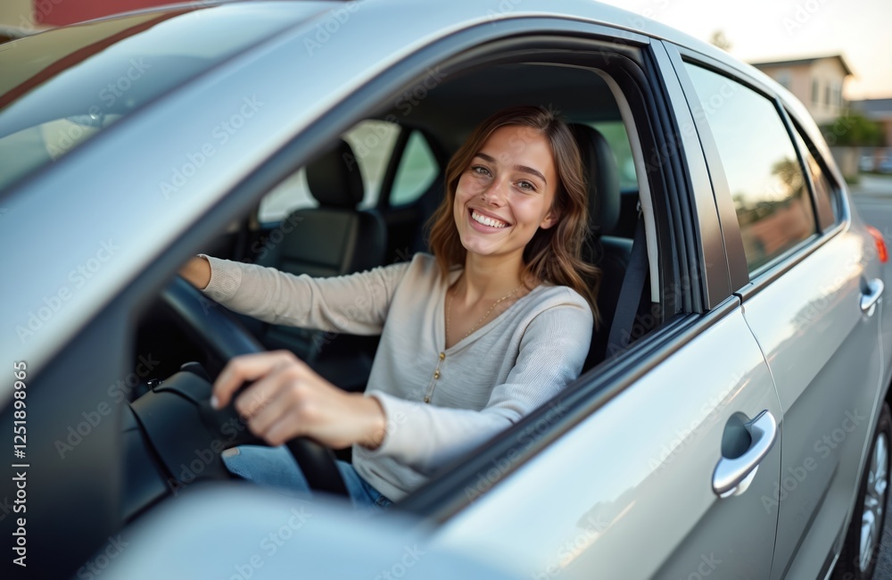 Smiling teenage girl learns to drive silver car. Beginner student ...