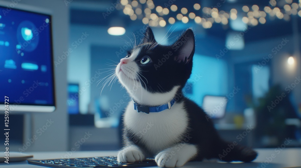 Curious Cat at Work: A black and white kitten with piercing blue eyes ...