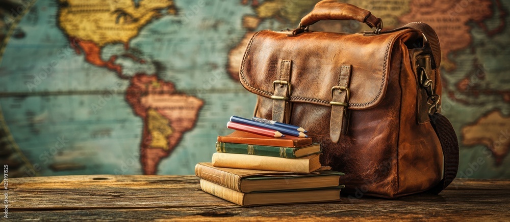 Vintage Leather Briefcase, Stack of Books, and World Map: A Symbol of ...