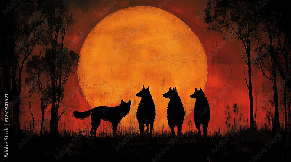 Wolf pack silhouettes standing against massive orange moon in dark ...