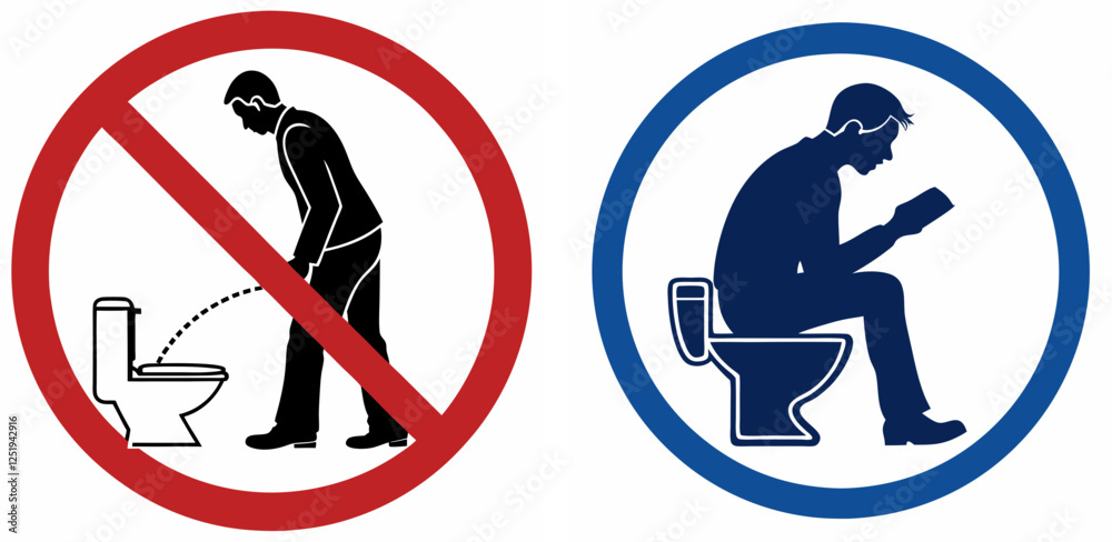 Men's restroom etiquette signs showing appropriate and inappropriate ...